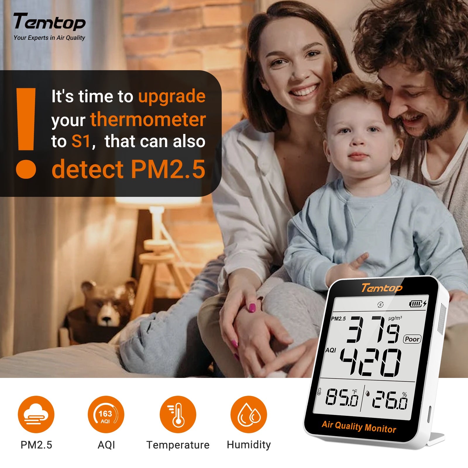 Temtop S1 Indoor Air Quality Meter Temperature & Humidity AQI PM2.5 Mo